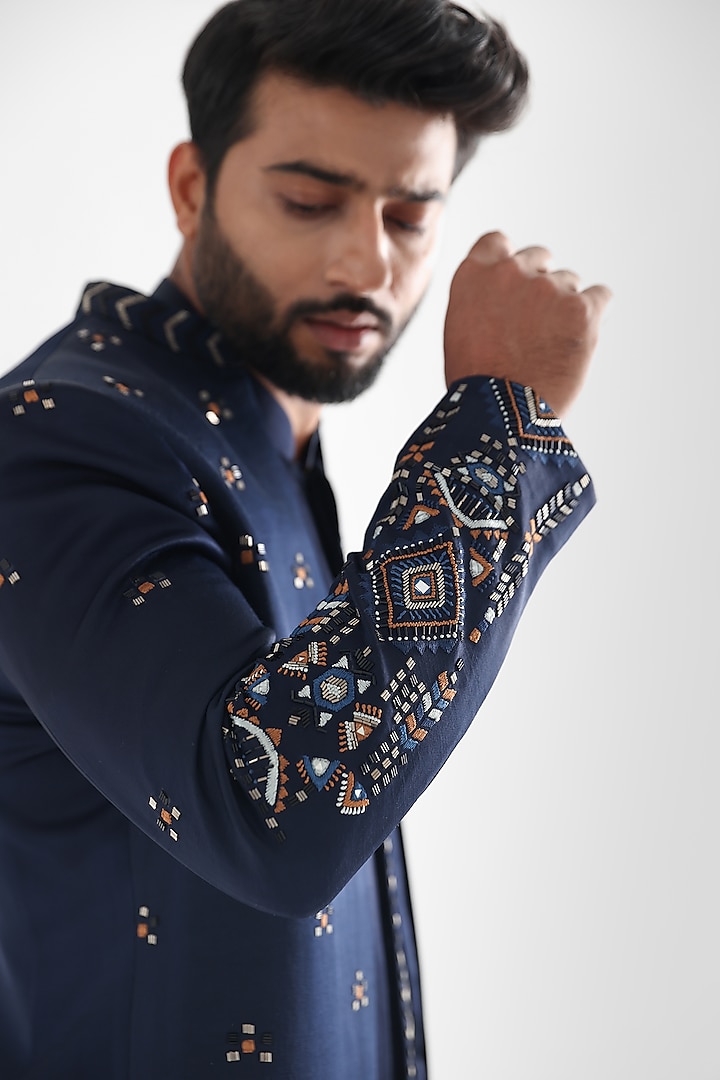 Buy PAARSH Navy Blue Heavy Modal Satin Embroidered Indowestern Set at ...