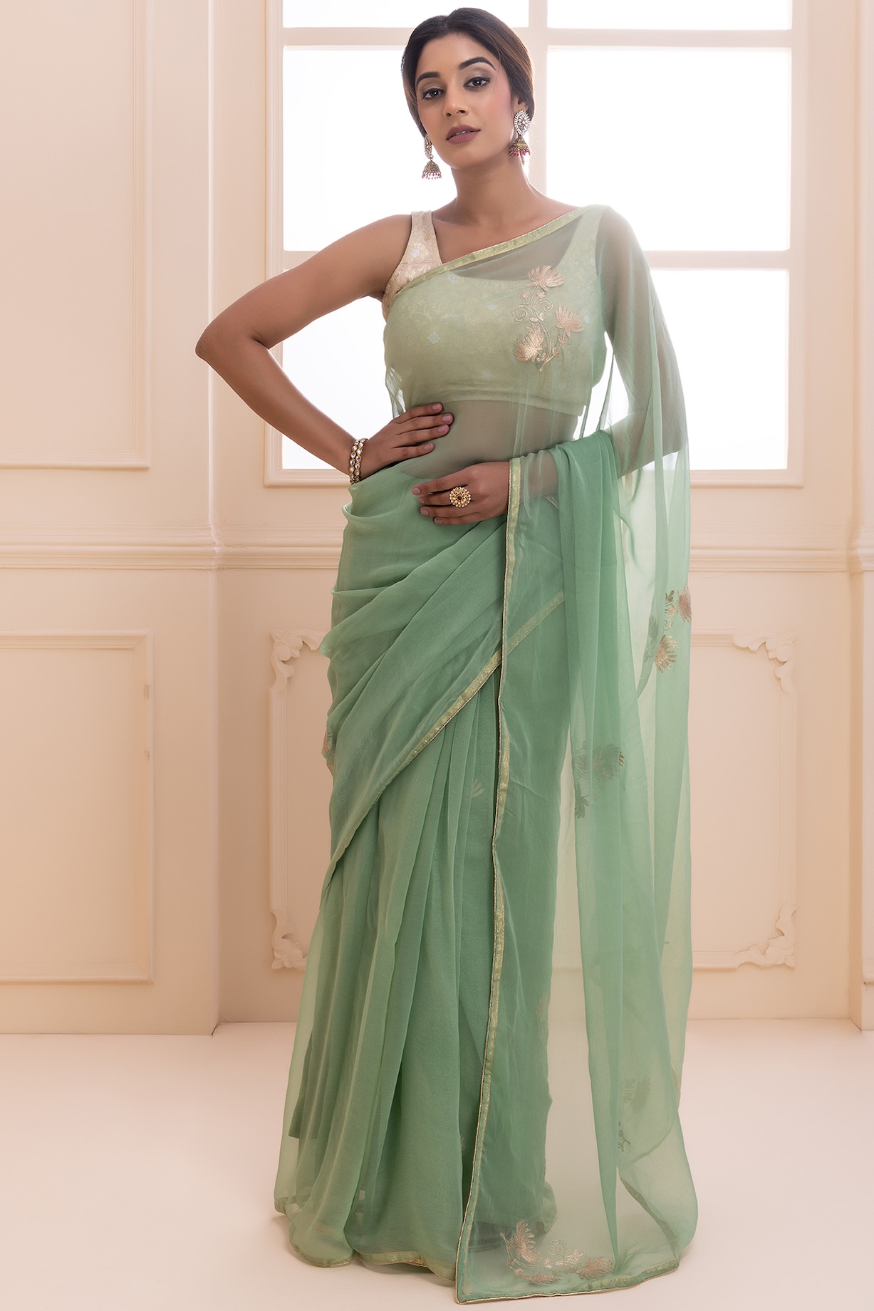 Green Chiffon Aari Embroidered Saree Set by Geroo Jaipur at Pernia's ...