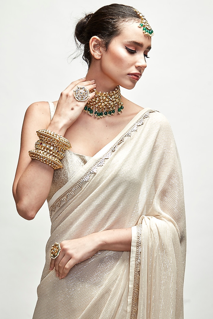 Porcelain Cream Silk Georgette Metallic Saree Set Design by Ranian at ...