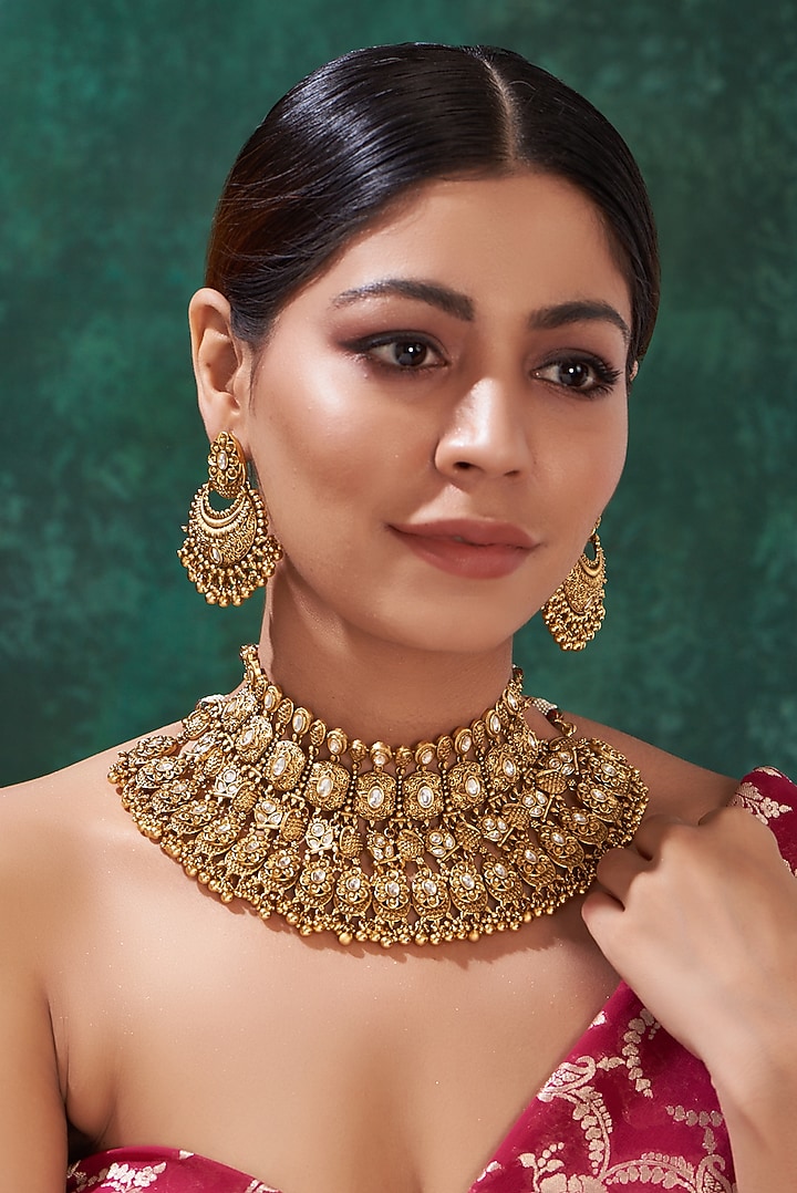 Gold Finish Kundan Polki Choker Necklace Set by 20AM at Pernia's Pop Up Shop 2025