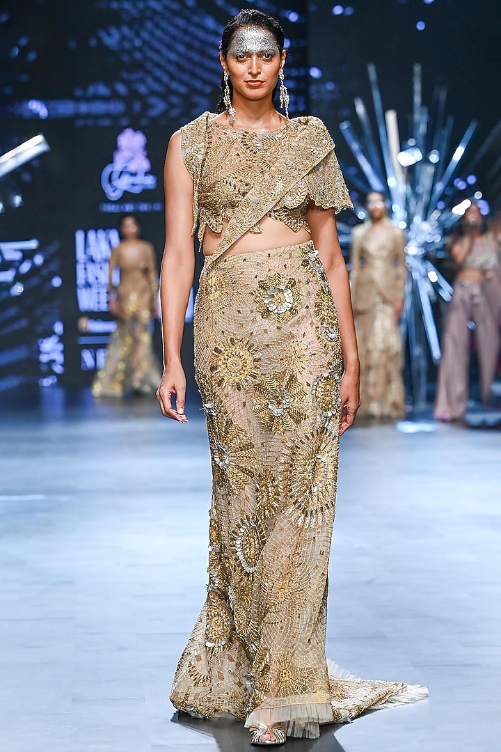 Golden Nylon & Viscose Abstract Motif Embroidered Fish-Cut Skirt Set Design by Geisha Designs at ...