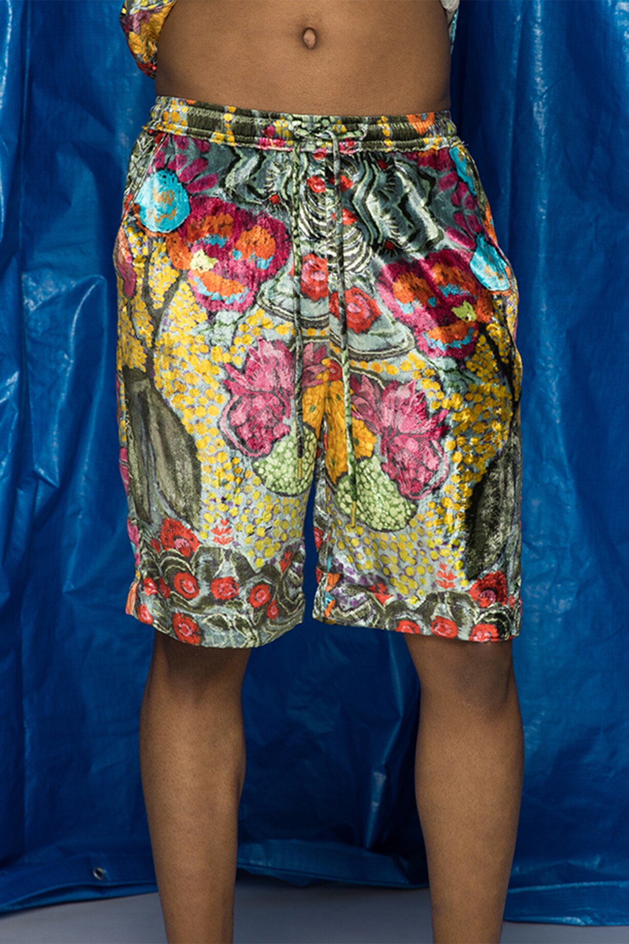 Forest Green Velvet Printed Shorts Design by Doh Tak Keh Men at Pernia ...