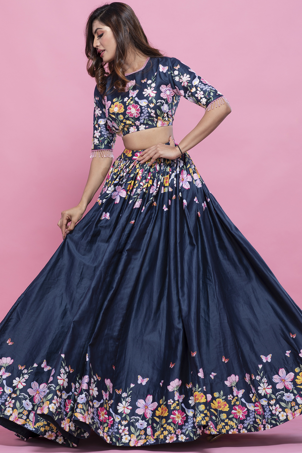 Blue Embroidered And Printed Wedding Lehenga Set By Label Priyanka Kar At