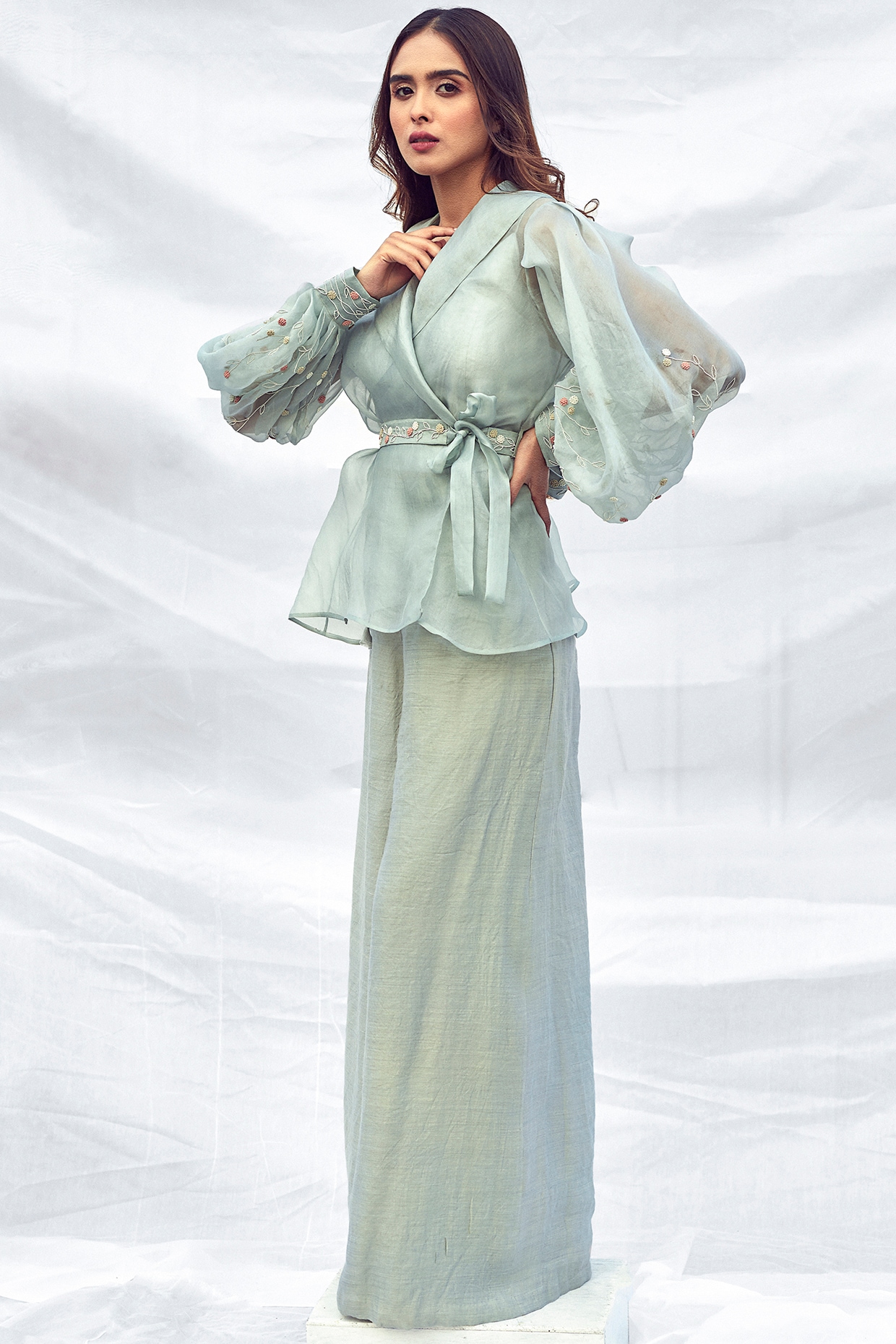 Sea Green Embroidered Jacket Set by Synonym at Pernia's Pop Up Shop 2025