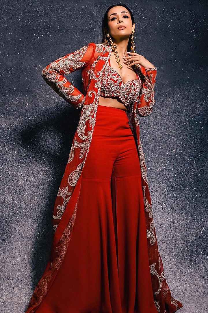 Red Georgette & Net Embroidered Jacket Set by Bhumika Sharma at Pernia ...
