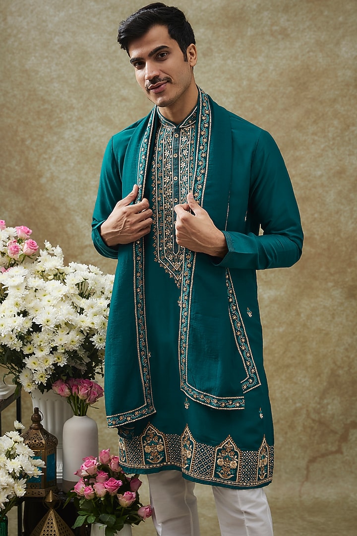 Deep Firozi Splendid Silk Cutdana & Thread Hand Work Kurta Set by ...