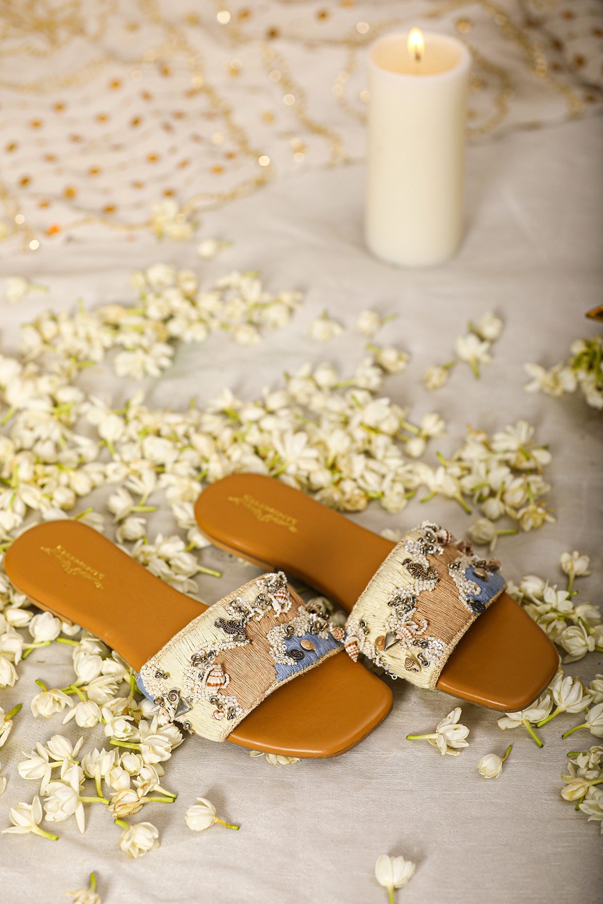 Brown Leatherette Pearl Embellished Flats by 5 Elements at Pernia's Pop ...