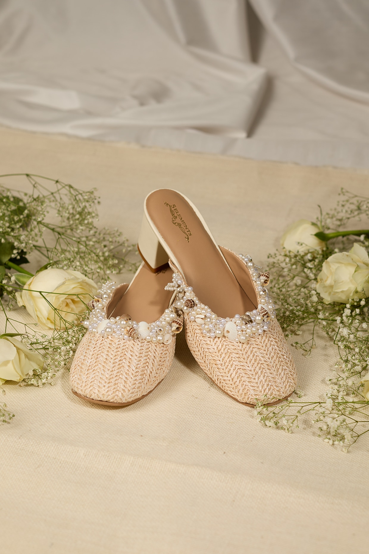 Off-White Leatherette Floral Motif Embroidered Mule Heels by 5 Elements ...