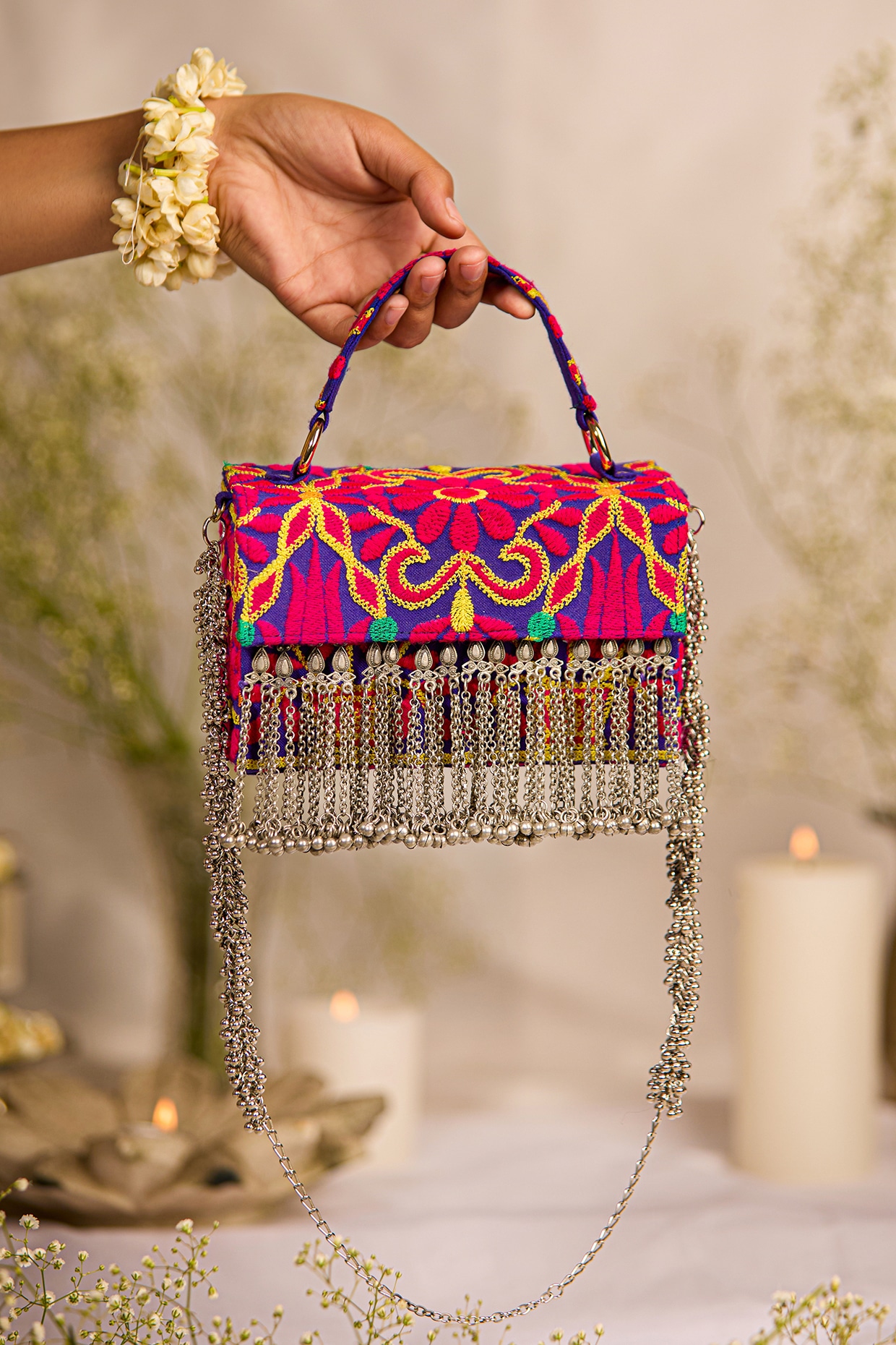 Purple Jacquard Tassels Embellished Textured Handbag by 5 Elements at ...