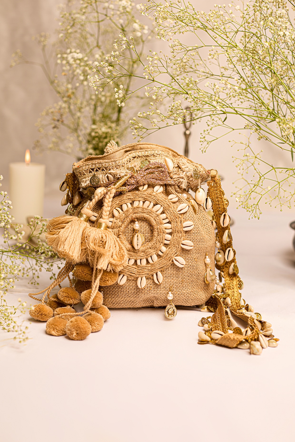 Brown Jute Shells Potli Bag by 5 Elements at Pernia's Pop Up Shop 2025