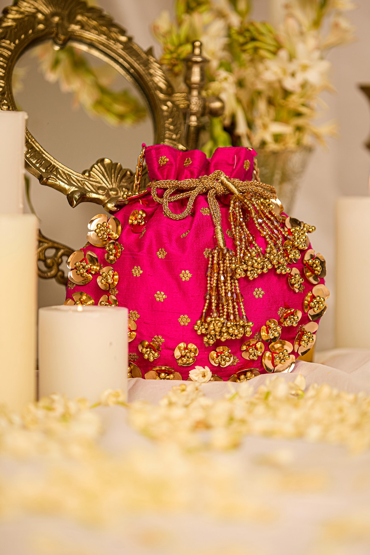 Magenta Pink Cotton Gold Embellished Potli Bag by 5 Elements at Pernia ...