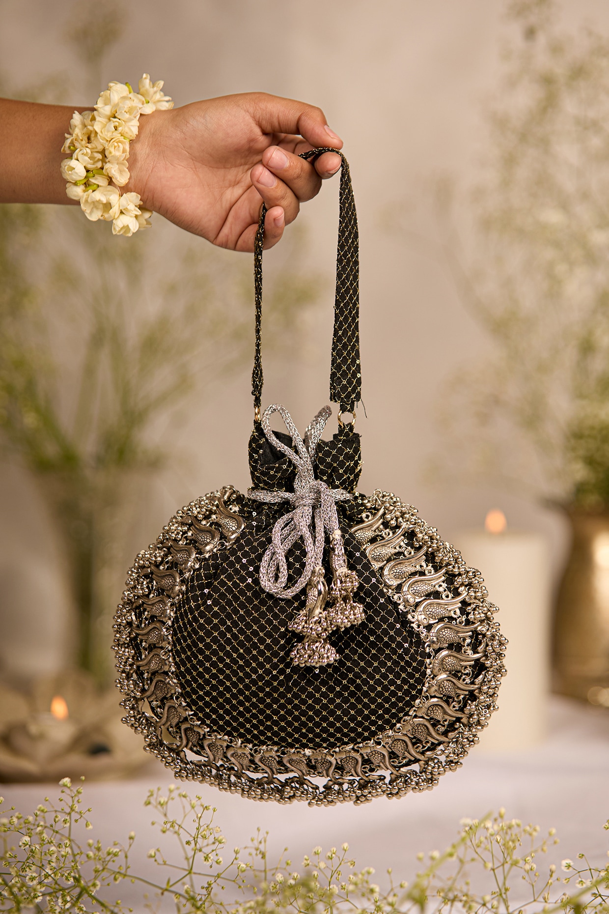 Black Brocade Silver-Tone Embellished Potli Bag by 5 Elements at Pernia ...