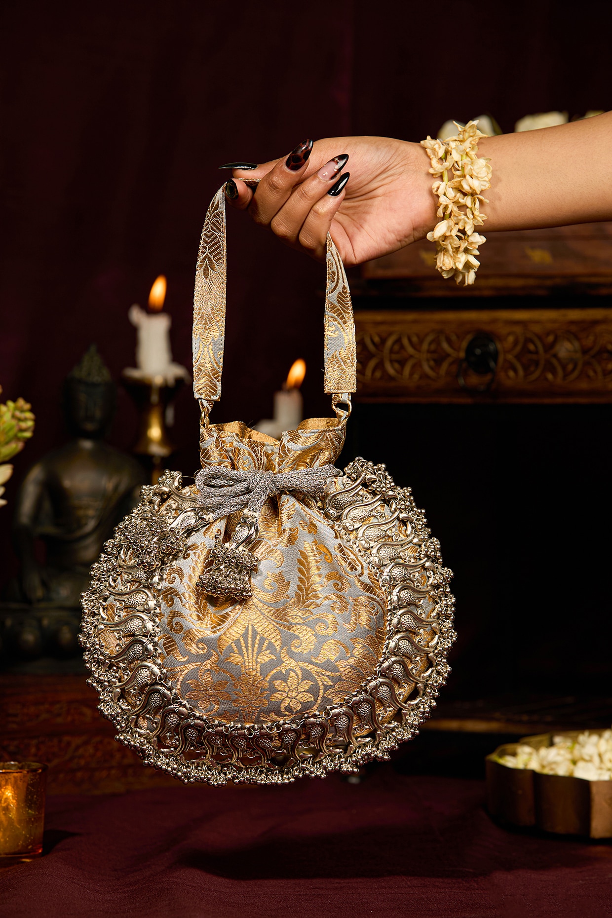 Grey Brocade Paisley Motif Embellished Potli Bag by 5 Elements at ...