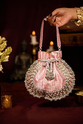Pink Brocade Tassels Embellished Potli Bag by 5 Elements at Pernia's ...