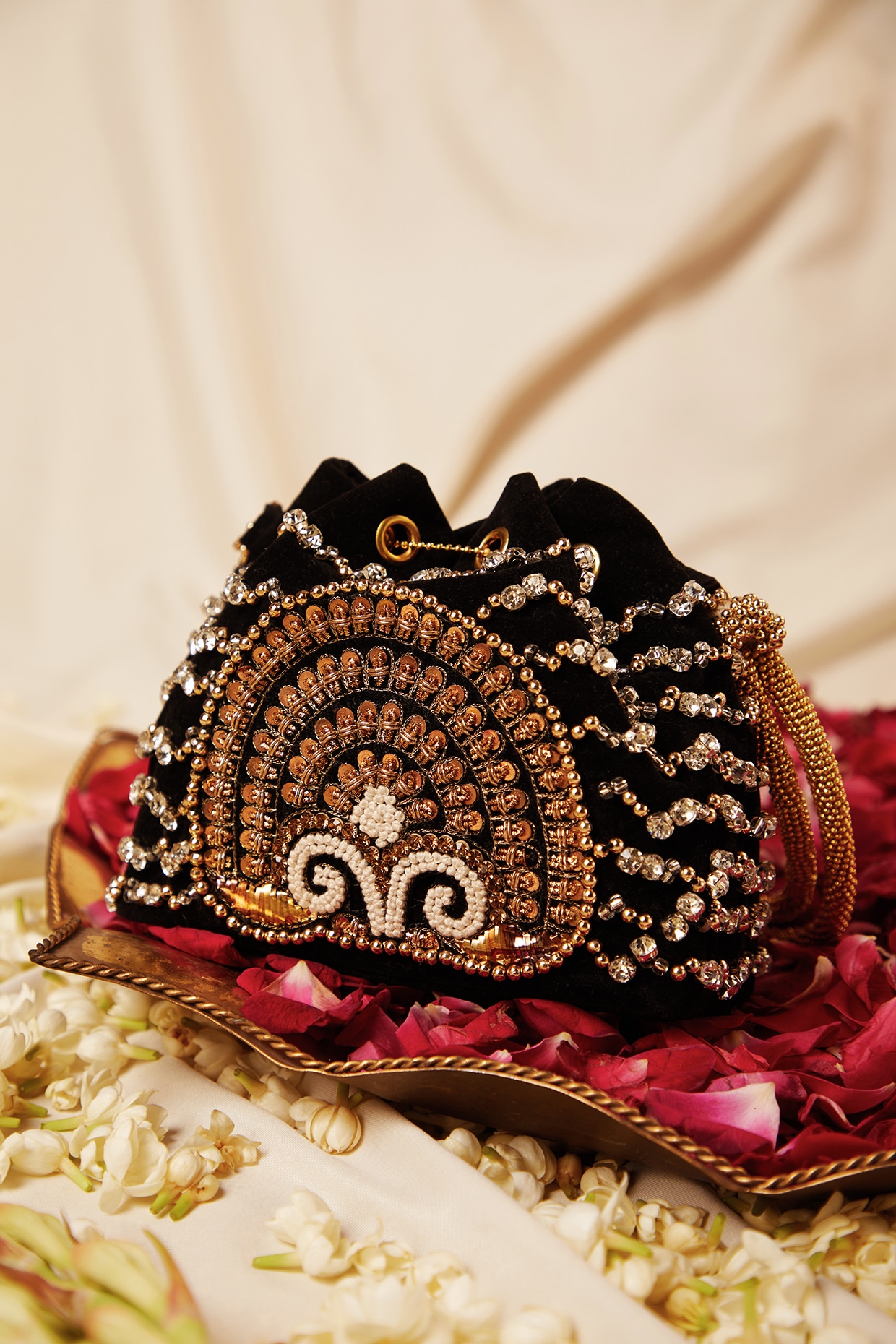 Black Velvet Pearl & Gota Hand Embroidered Potli by 5 Elements at ...