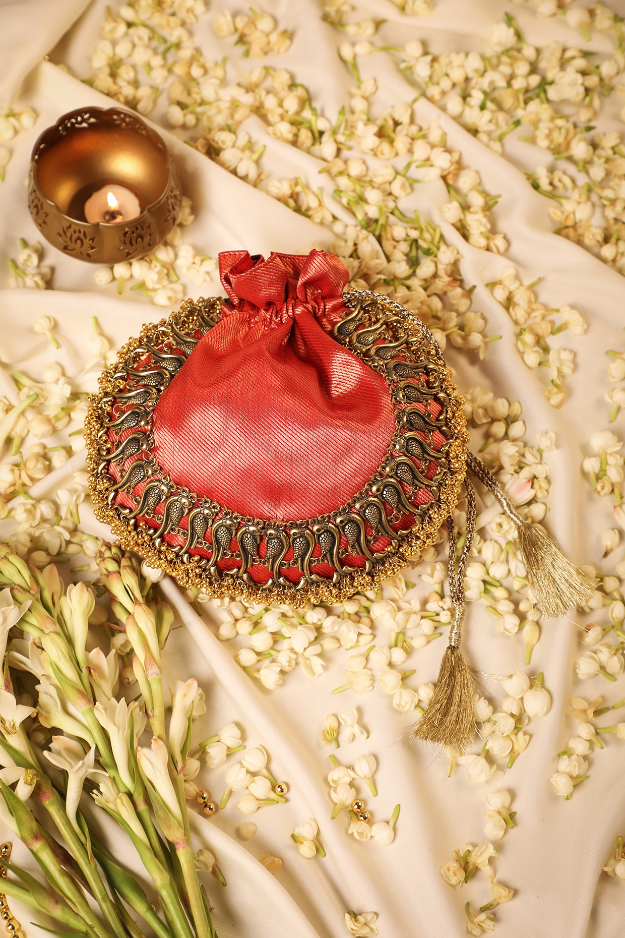 Red Silk Metallic Moor Embellished Potli by 5 Elements at Pernia's Pop ...