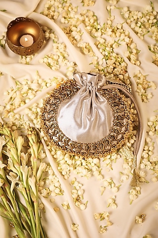 Silver Silk Metallic Moor Embellished Potli by 5 Elements at Pernia's ...