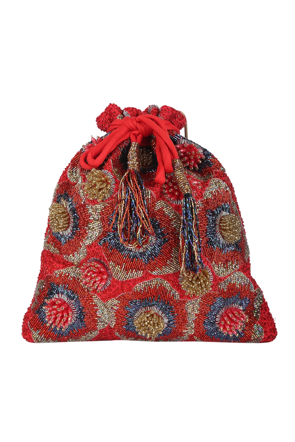 Red Floral Embroidered Potli by 5 Elements at Pernia's Pop Up Shop 2026