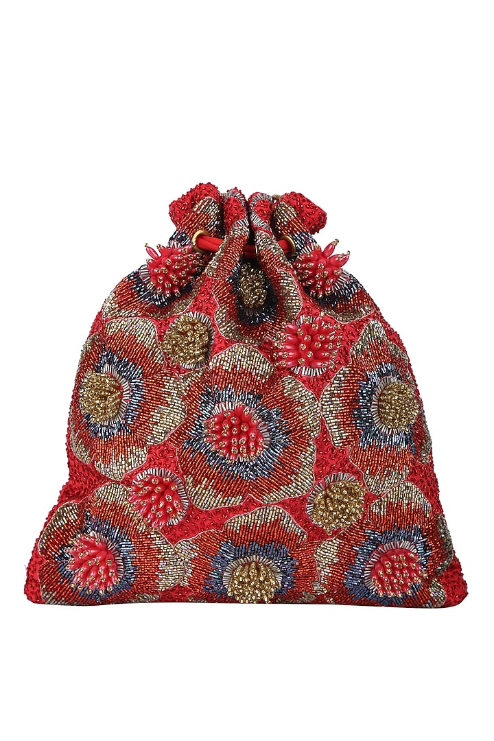 Red Floral Embroidered Potli by 5 Elements at Pernia's Pop Up Shop 2026