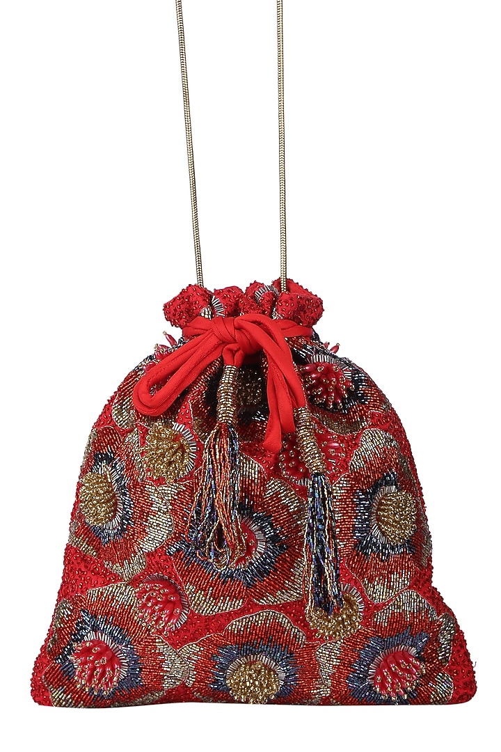 Red Floral Embroidered Potli by 5 Elements at Pernia's Pop Up Shop 2026