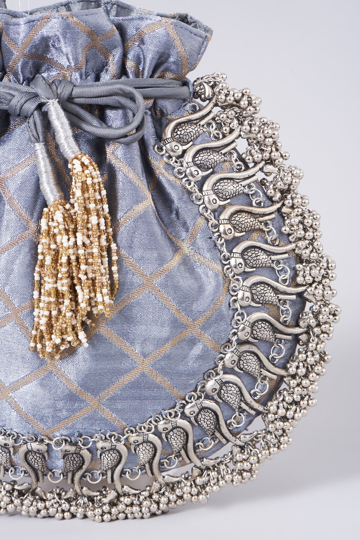 Grey Embellished Floral Potli by 5 Elements at Pernia's Pop Up Shop 2025