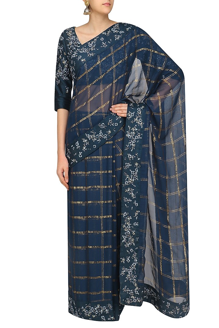 Blue checkered saree with embroidered blouse available only at Pernia's ...