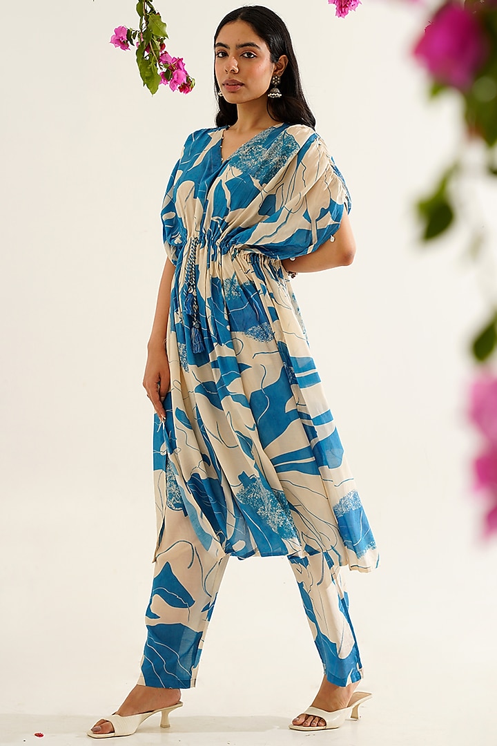 Blue & White Muslin Printed Draped Kaftan Set by AVAHA at Pernia's Pop ...