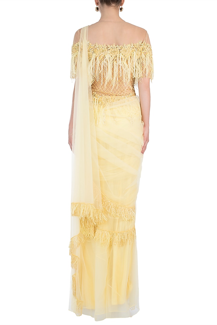Yellow embroidered ruffle gown saree available only at Pernia's Pop Up ...