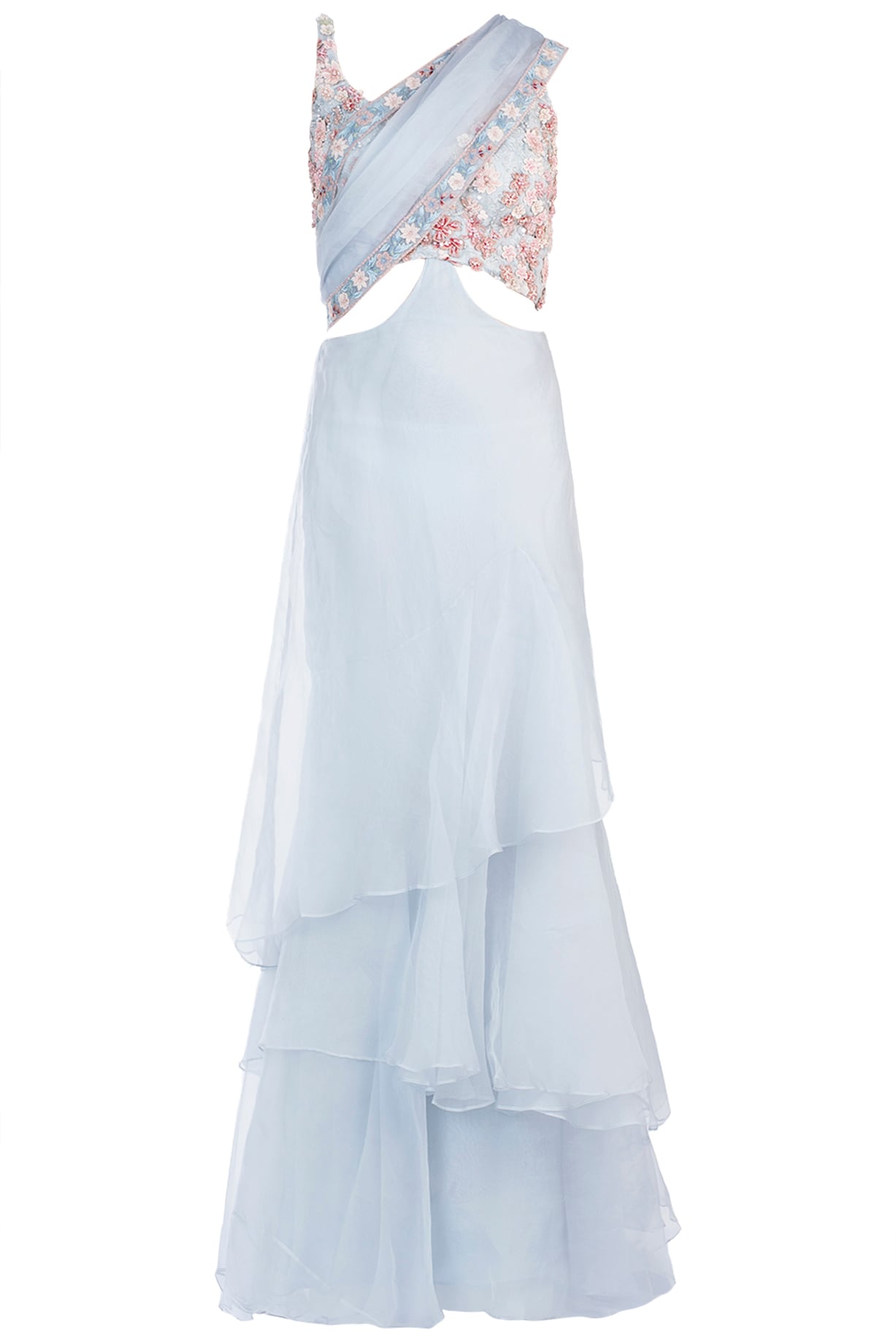 Powder blue ruffle embroidered saree available only at Pernia's Pop Up ...