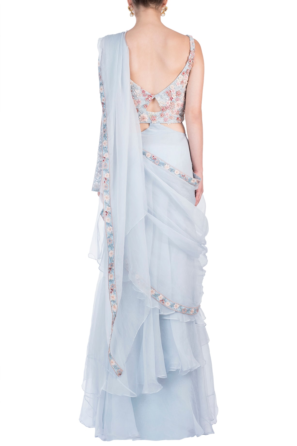 Powder blue ruffle embroidered saree available only at Pernia's Pop Up ...
