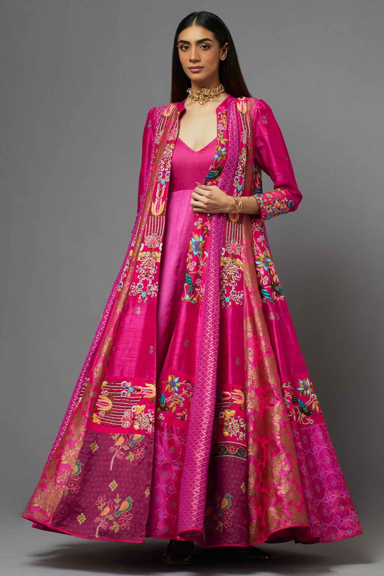 Hot Pink Silk Anarkali With Cape Design by aum ashima & asit at Pernia's Pop Up Shop 2024