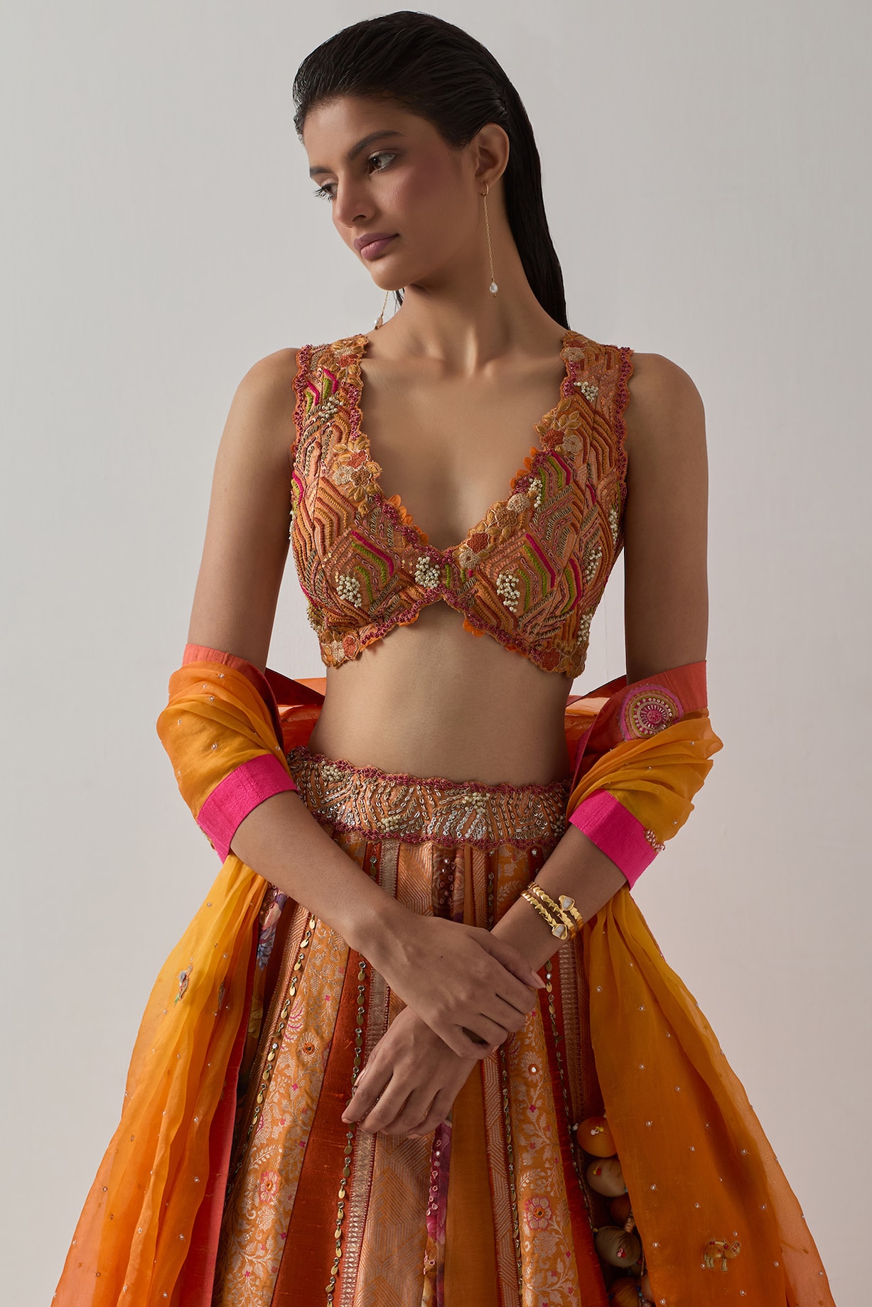Burnt Orange Silk Embroidered Wedding Lehenga Set by aum ashima & asit at Pernia's Pop Up Shop 2025
