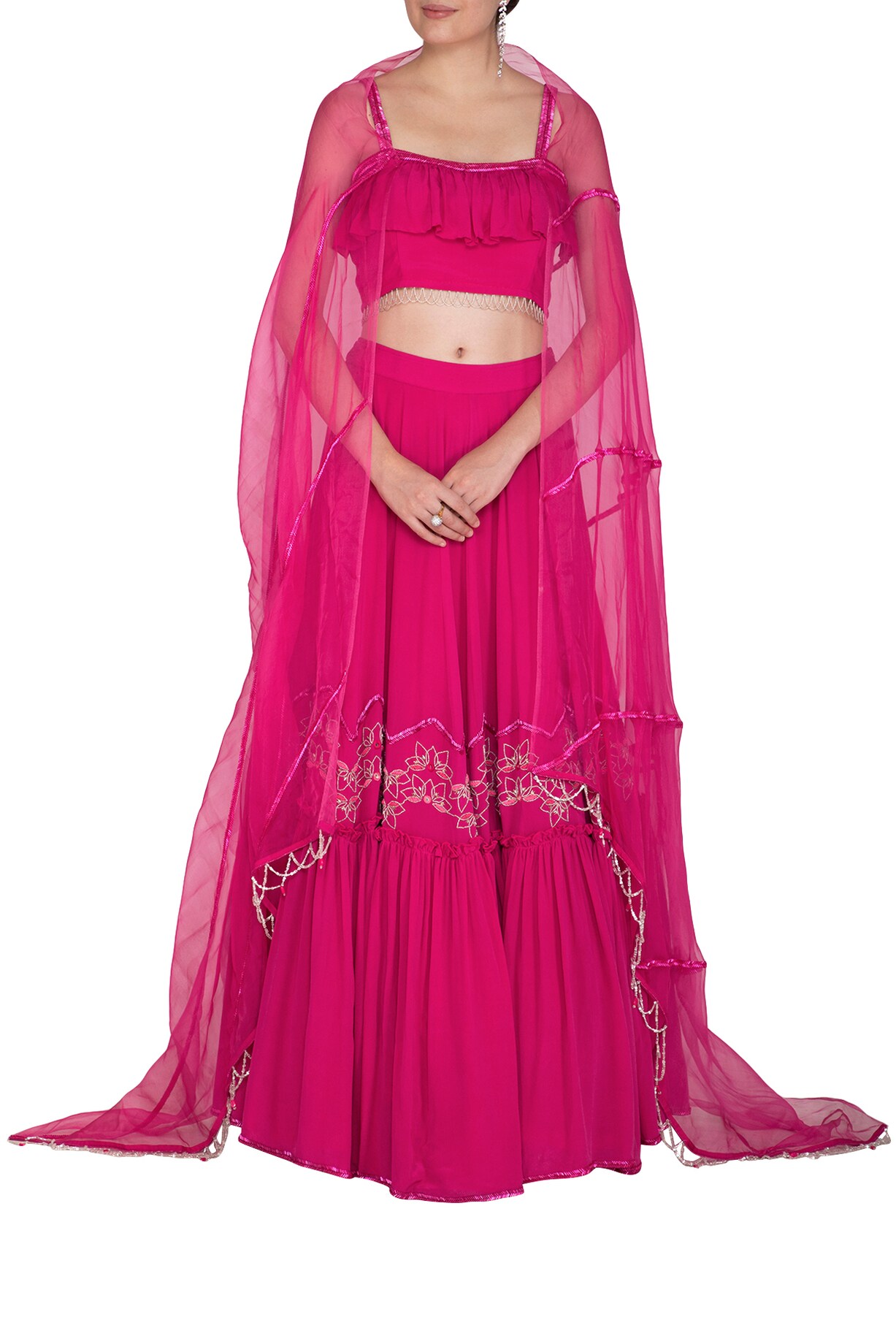 Fuchsia Pink Embroidered Ruffled Lehenga Set by Aashna Behl at Pernia's ...