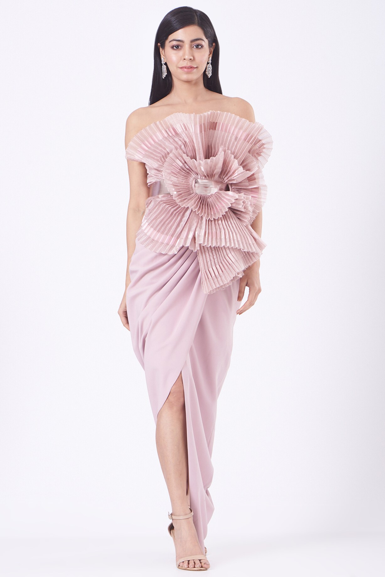 Blush Pink Ruffled Midi Dress by Amit Aggarwal at Pernia's Pop Up Shop 2025