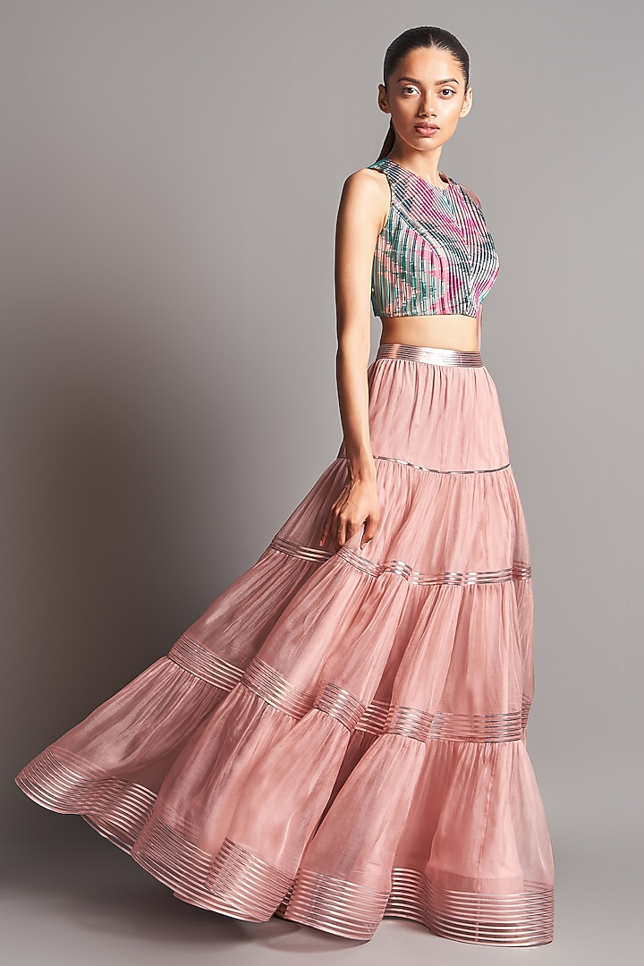 Blush Pink Structured Blouse With Wedding Lehenga by Amit Aggarwal at ...