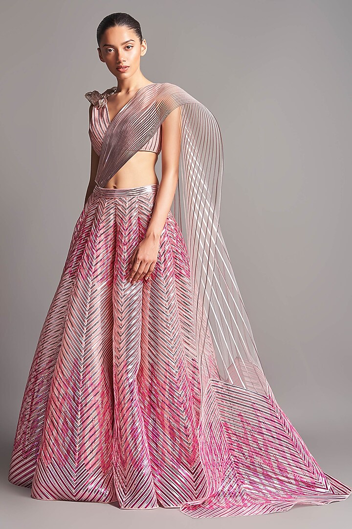 Blush Pink Embroidered Blouse With Bridal Lehenga by Amit Aggarwal at ...