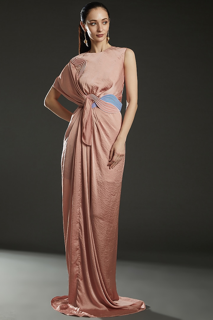 Blush Pink Hammared Satin Draped Gown Design by Amit Aggarwal at Pernia ...