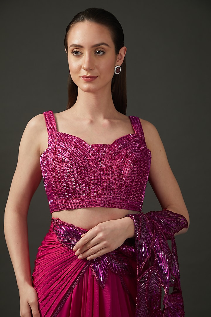 Red Tulle & Striped Pre-Stitched Saree Set by Amit Aggarwal at Pernia's ...