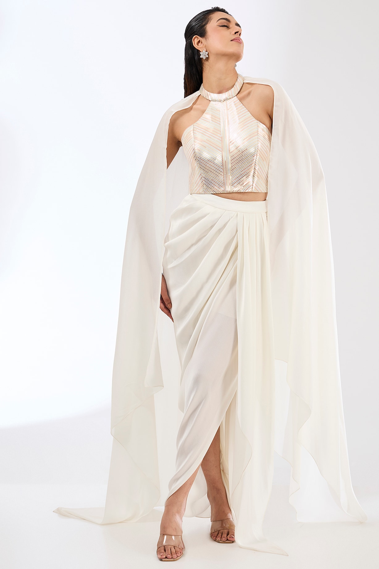 Pearl White Satin Chiffon Dhoti Skirt Set by Amit Aggarwal at Pernia's ...