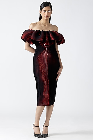Red Metallic Patti Off-Shoulder Ruffled Party Wear Dress by Amit ...