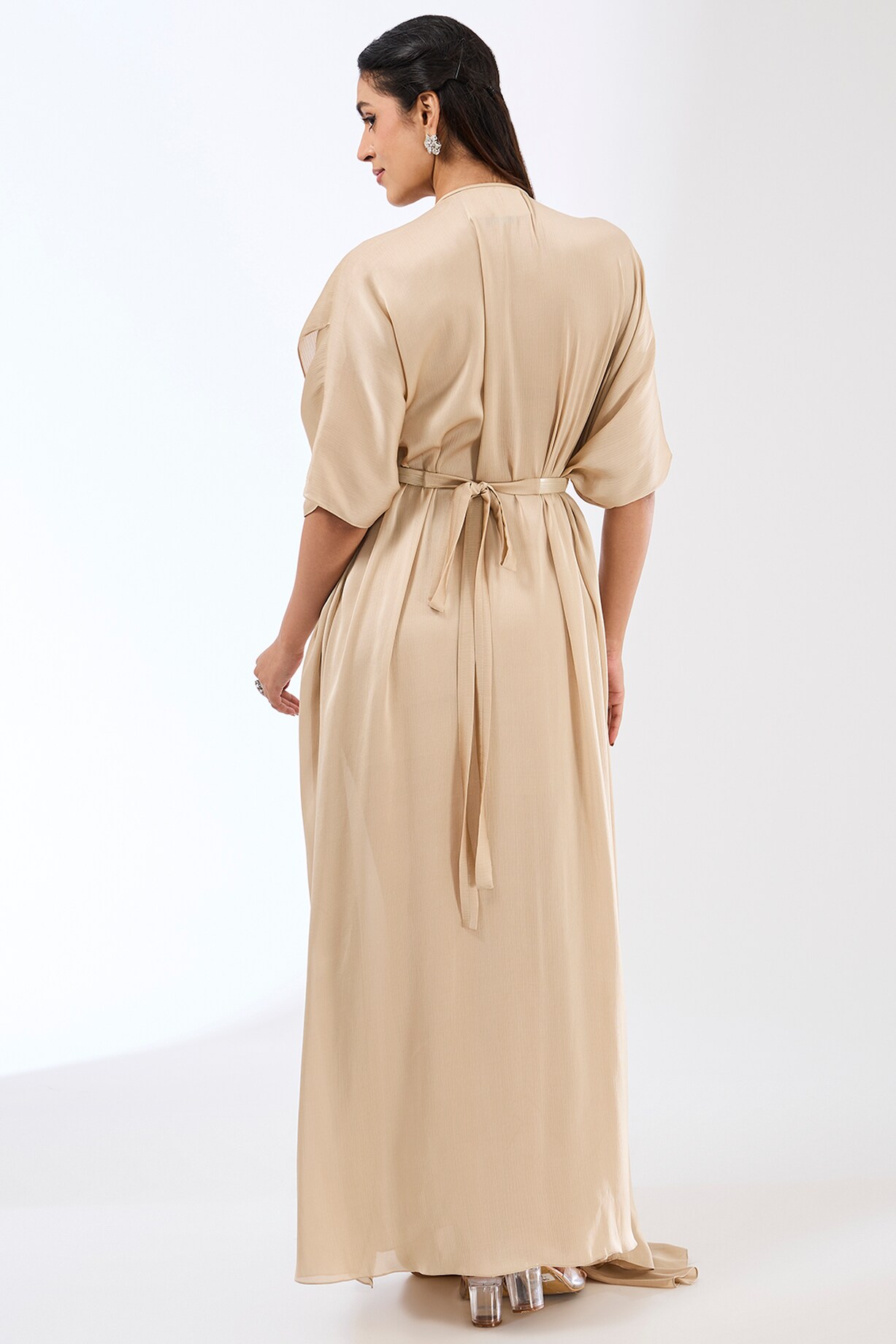 Sand-Colored Satin Chiffon Maxi Dress Design by Amit Aggarwal at Pernia ...