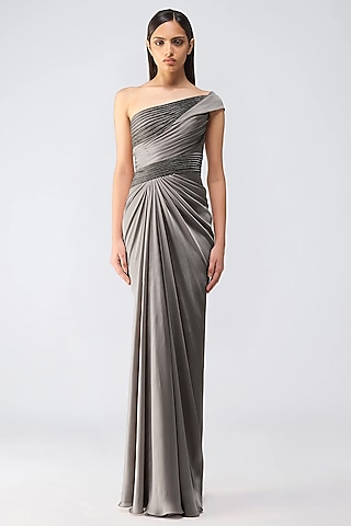 Pewter-Colored Satin Chiffon Moulded Off-Shoulder Crystalvein Wedding ...