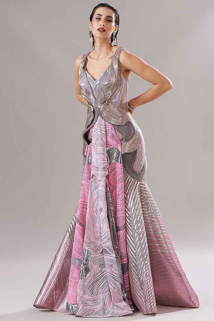 Blush Pink Metallic Polymer Embroidered Draped Gown Design by Amit ... Blush Pink Metallic Polymer Embroidered Draped Gown Design by Amit ...