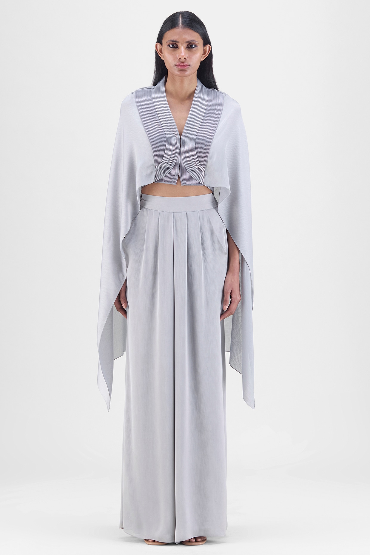 Steel Grey Chiffon Metallic Structured Cape Set by Amit Aggarwal at ...