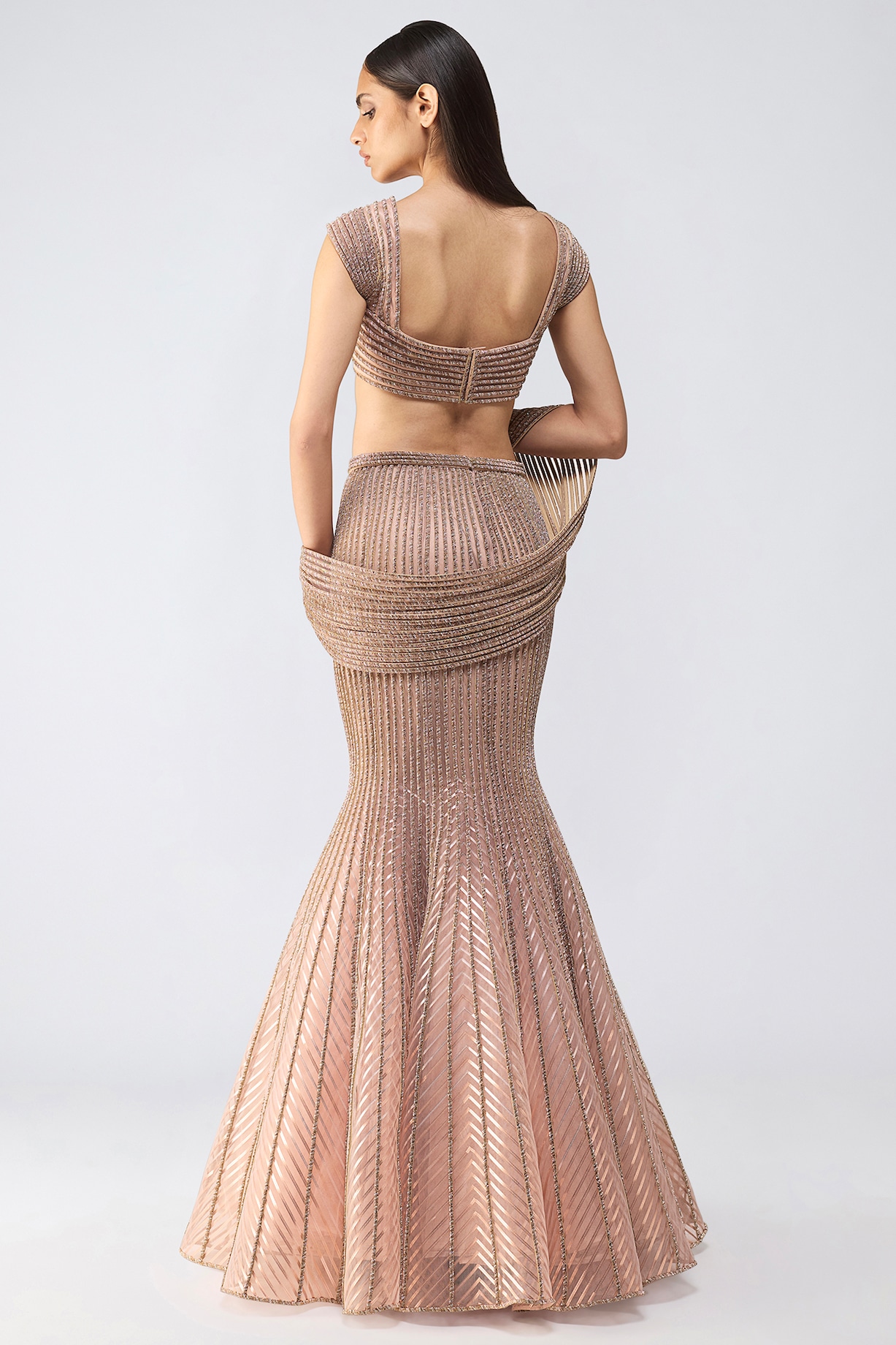 Rose Pink Butterfly Net Moulded Fish-Tail Skirt Set by Amit Aggarwal at ...