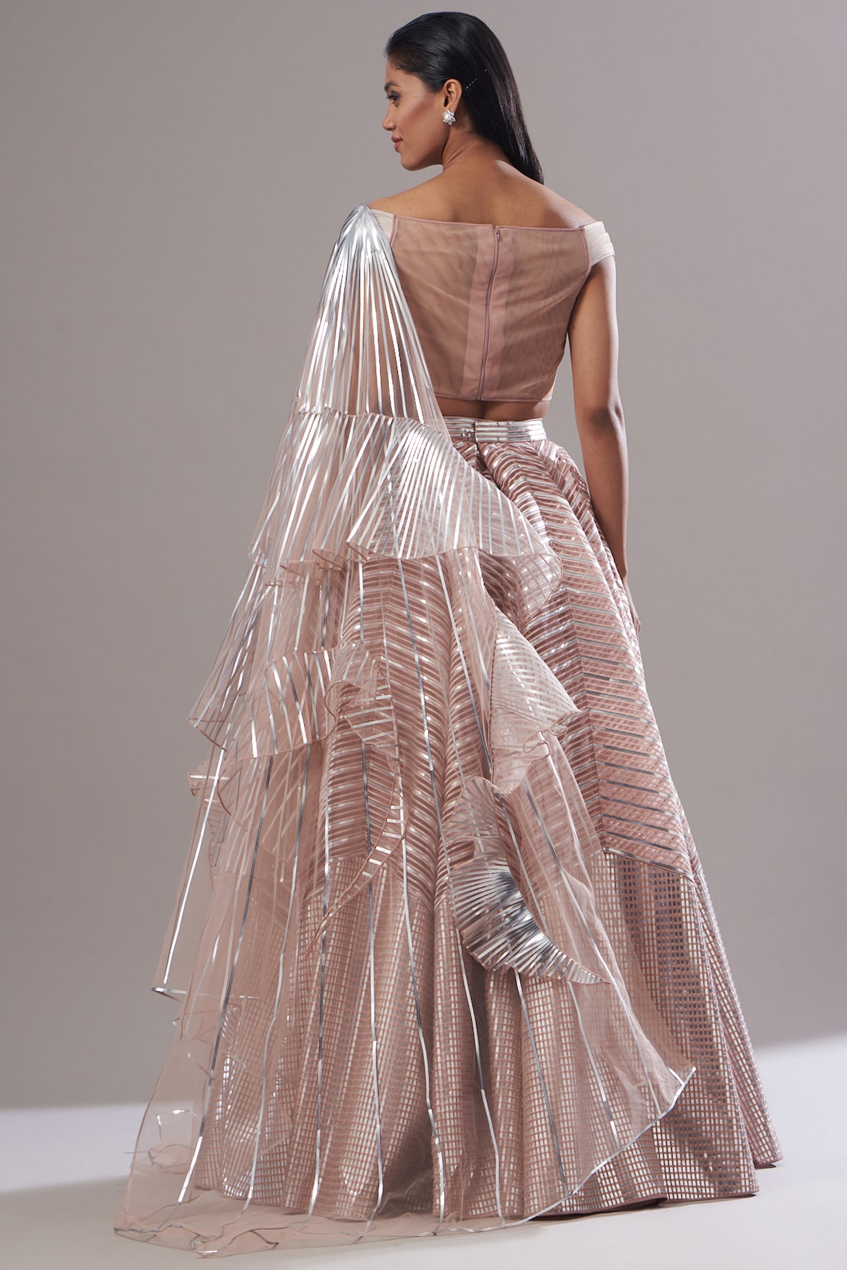 Blush Pink Striped & Tulle Bridal Lehenga Set by Amit Aggarwal at ...