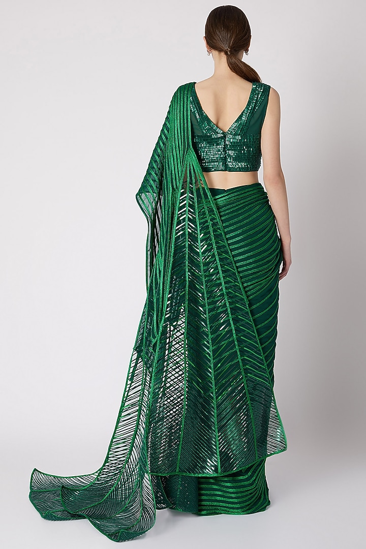 Emerald Green Embroidered Pre-Stitched Saree Design by Amit Aggarwal at ...