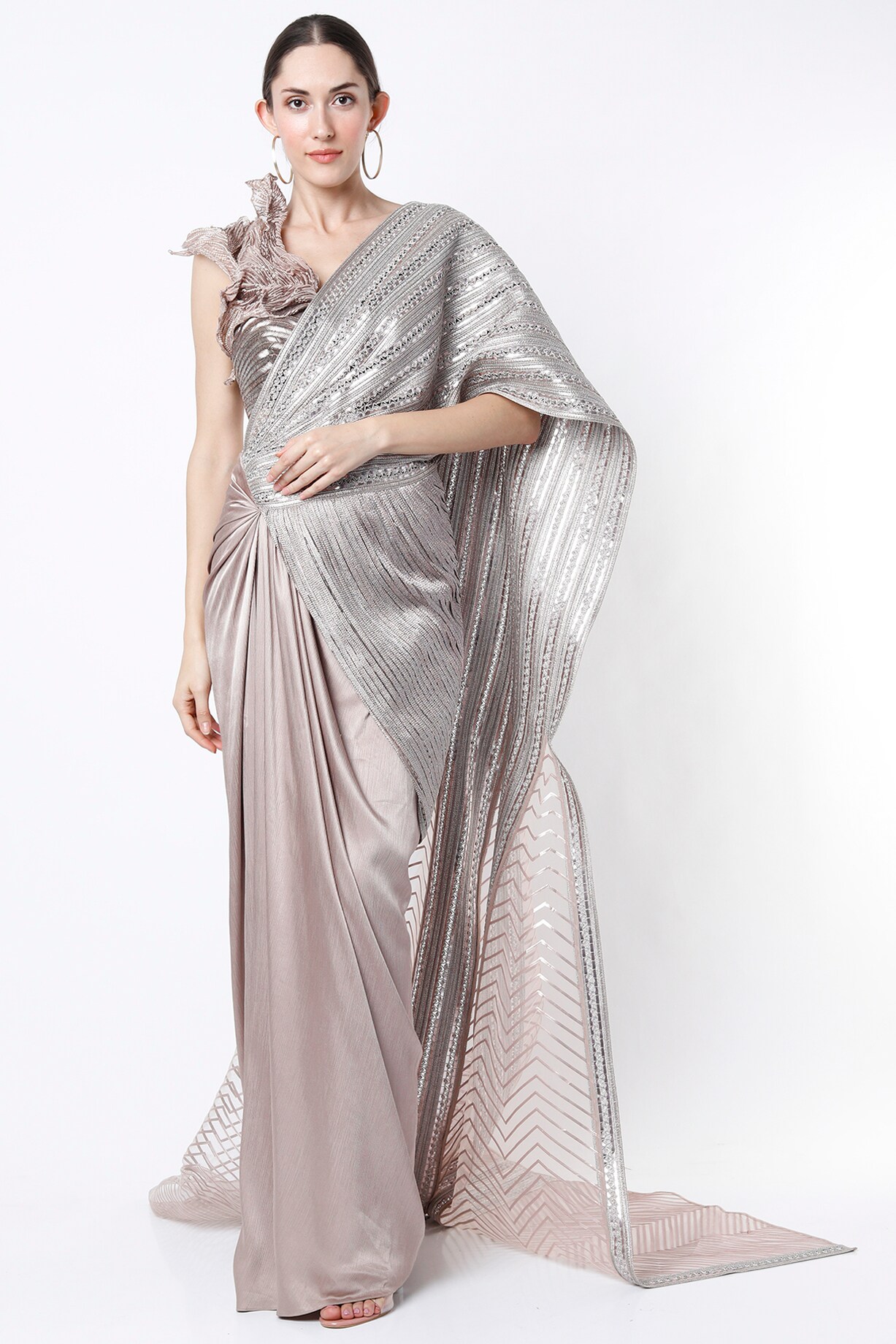 Silver Metallic Satin Tulle Draped Saree Set by Amit Aggarwal at Pernia ...