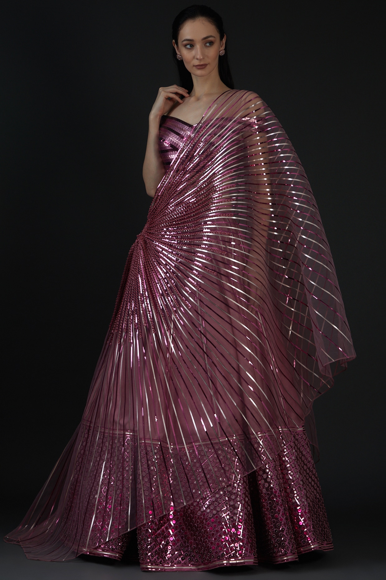 Blush Pink Striped & Tulle Bridal Lehenga Set by Amit Aggarwal at ...