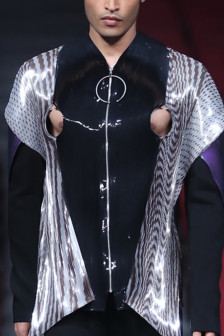 Black Metallic Polymer Hand Moulded Jacket Set by Amit Aggarwal Men at ...